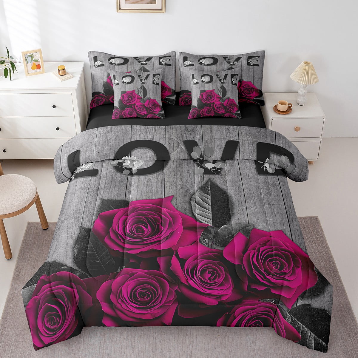 Erosebridal Pink Rose Bedding Sets Queen Size, Black Pink Comforter ...