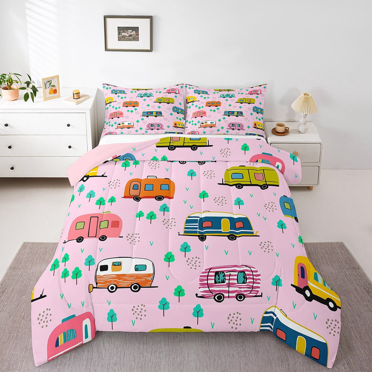 Erosebridal Pink Rv Car Bedding King Comforter Set,Cartoon Camper ...