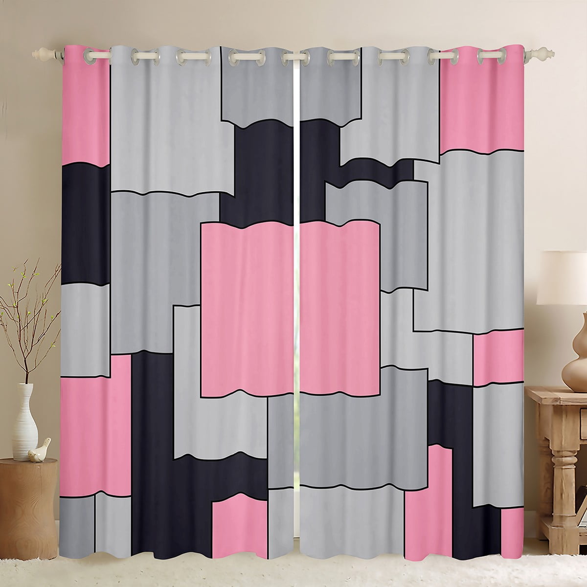 Erosebridal Pink Sqare Curtains for Living Room,Geometric Rectangle ...
