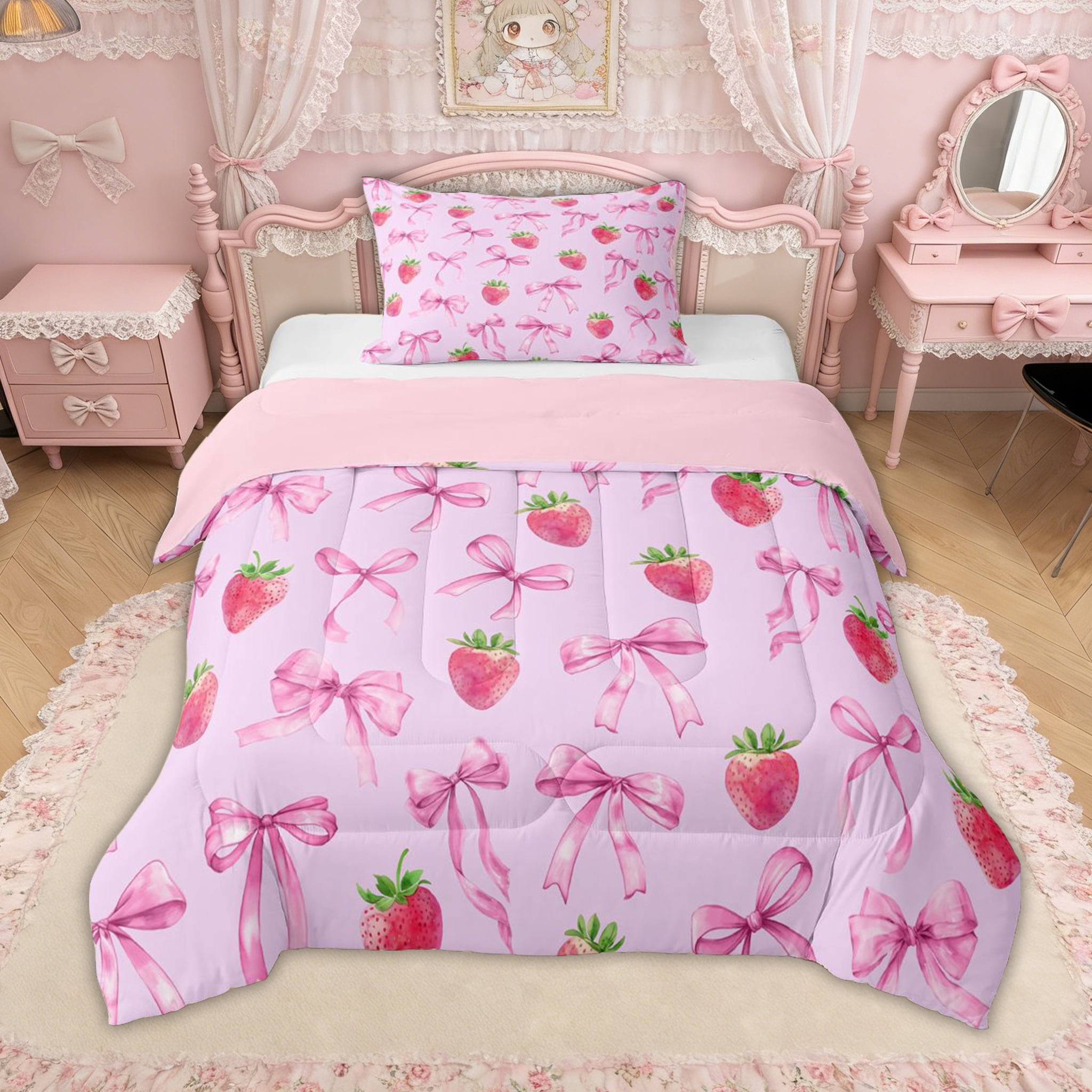 Erosebridal Pink Strawberry Bow Twin Comforter Sets for Girls Kids ...