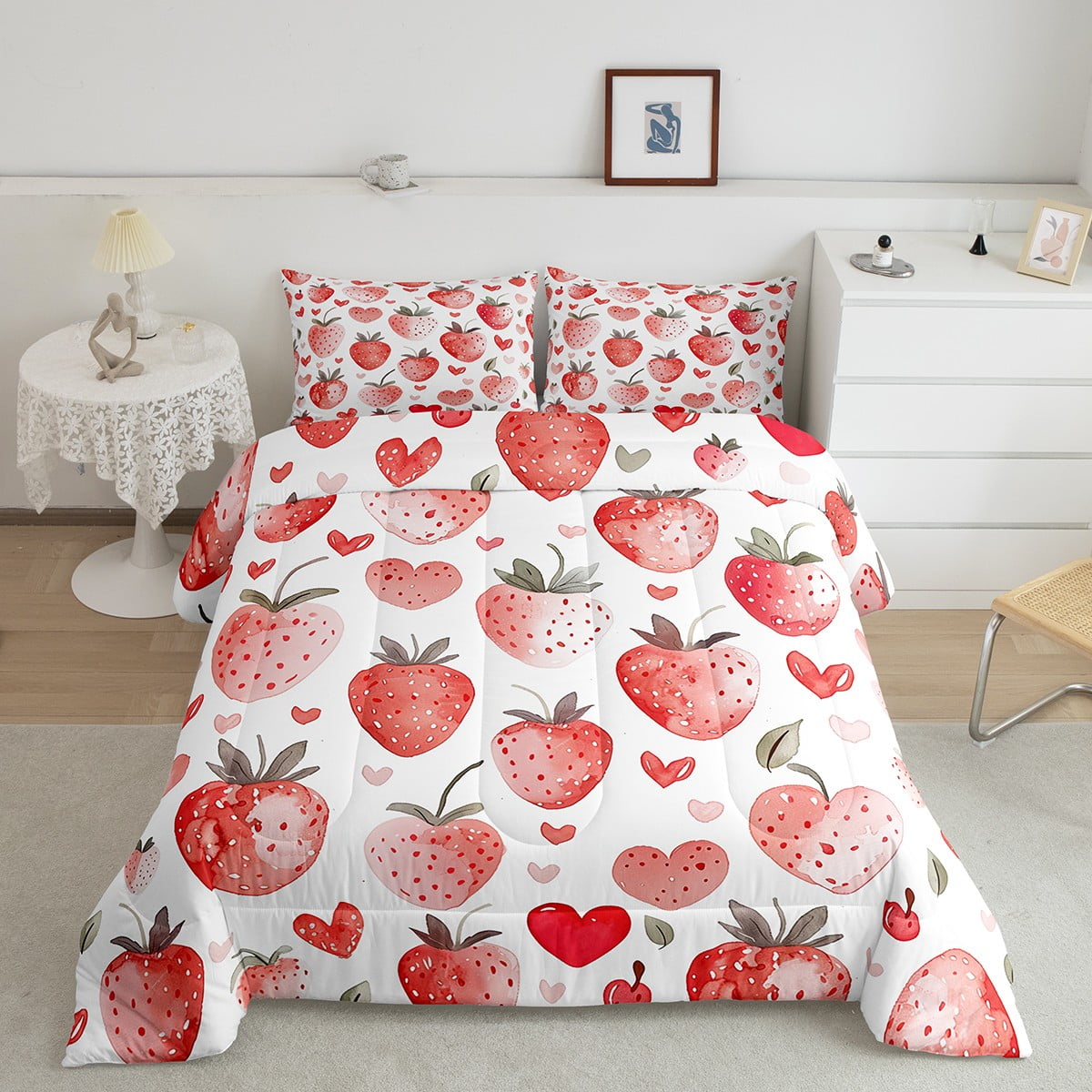 Erosebridal Pink Strawberry Comforter Sets Full Size, Kawaii Fruit ...