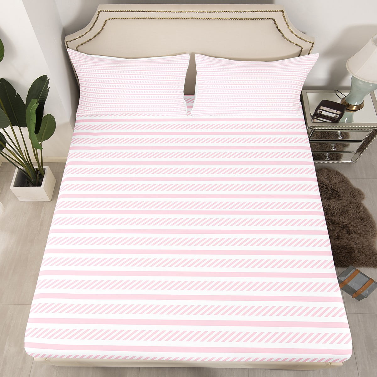 Erosebridal Pink Stripes Fitted Sheet Set Queen,Geometric Lines Fitted ...