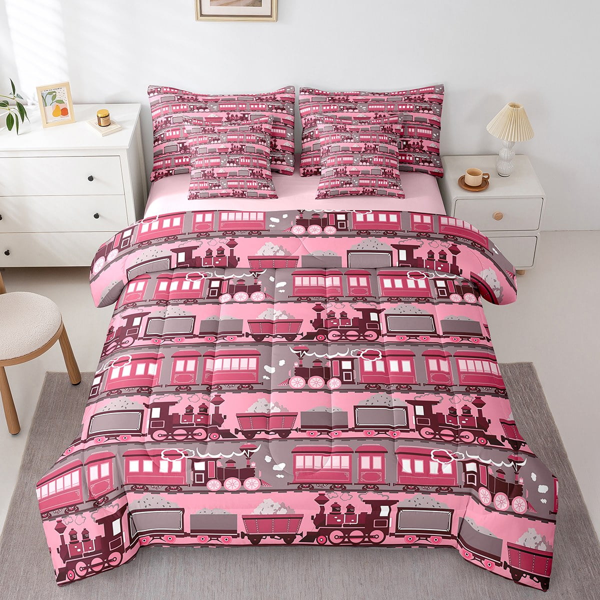 Erosebridal Pink Train Bed in a Bag King size, Steam Engine Bed Set ...