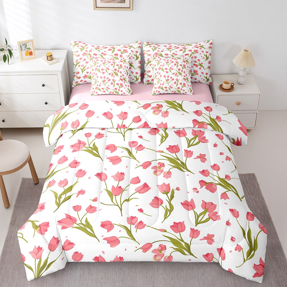 Erosebridal Pink Tulip Bedding Sets Full Size, Cartoon Floral Comforter ...