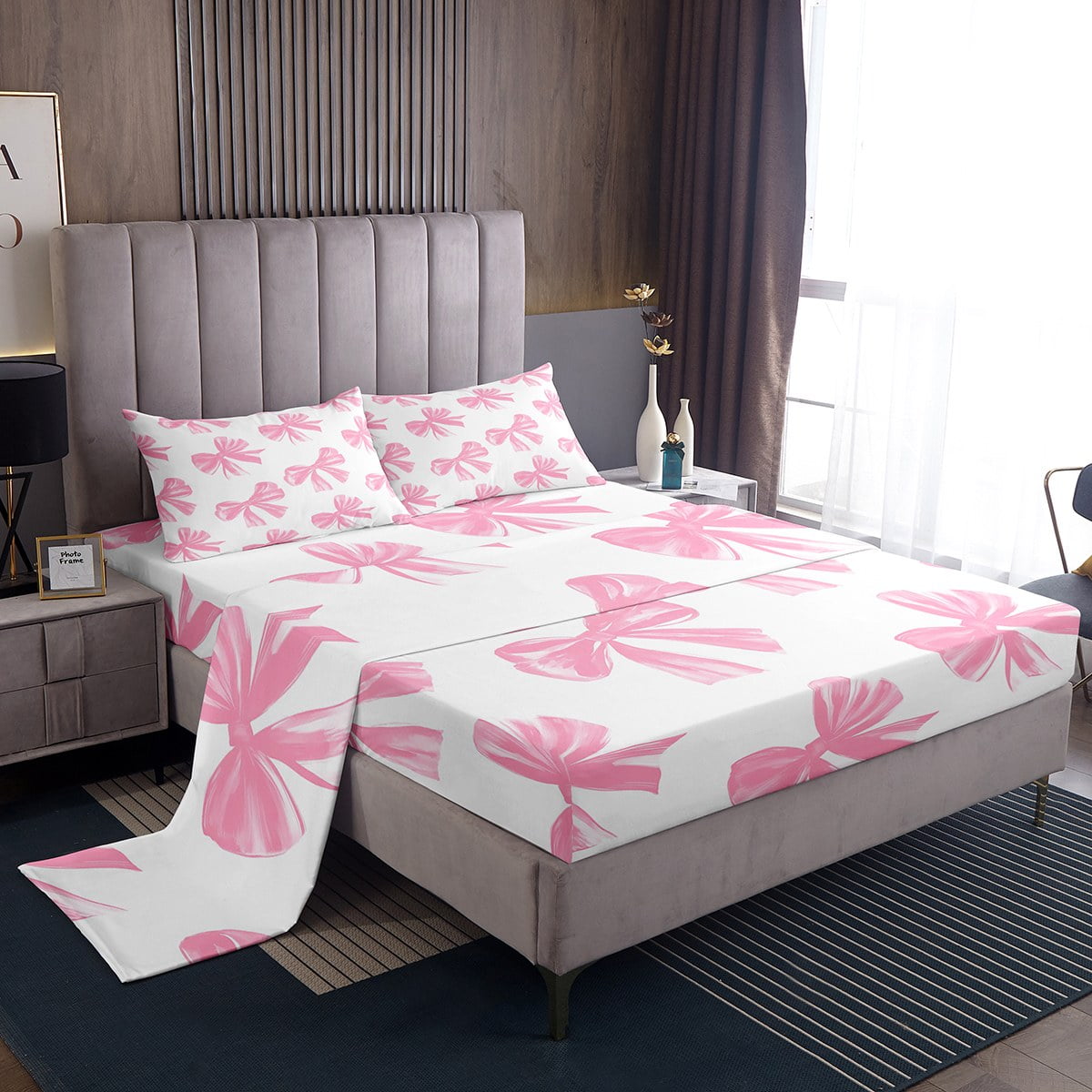 Erosebridal Pink White Bow Full Bedding Set Cute Bowknot Bed Sheets ...