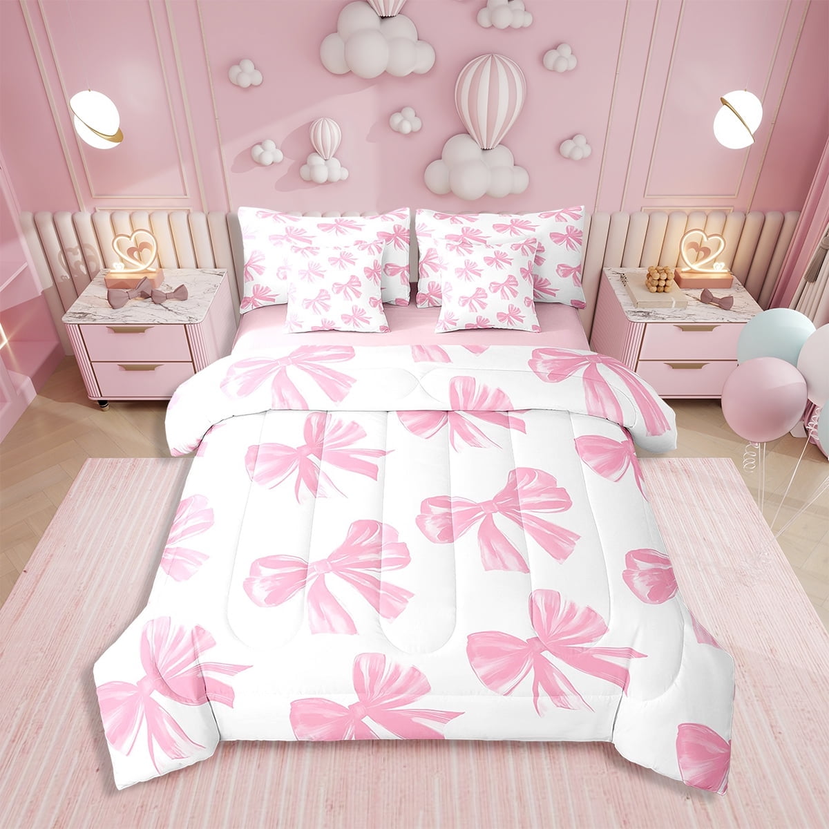 Erosebridal Pink White Bow Bed In A Bag 7 Pcs Cute Bowknot Queen ...