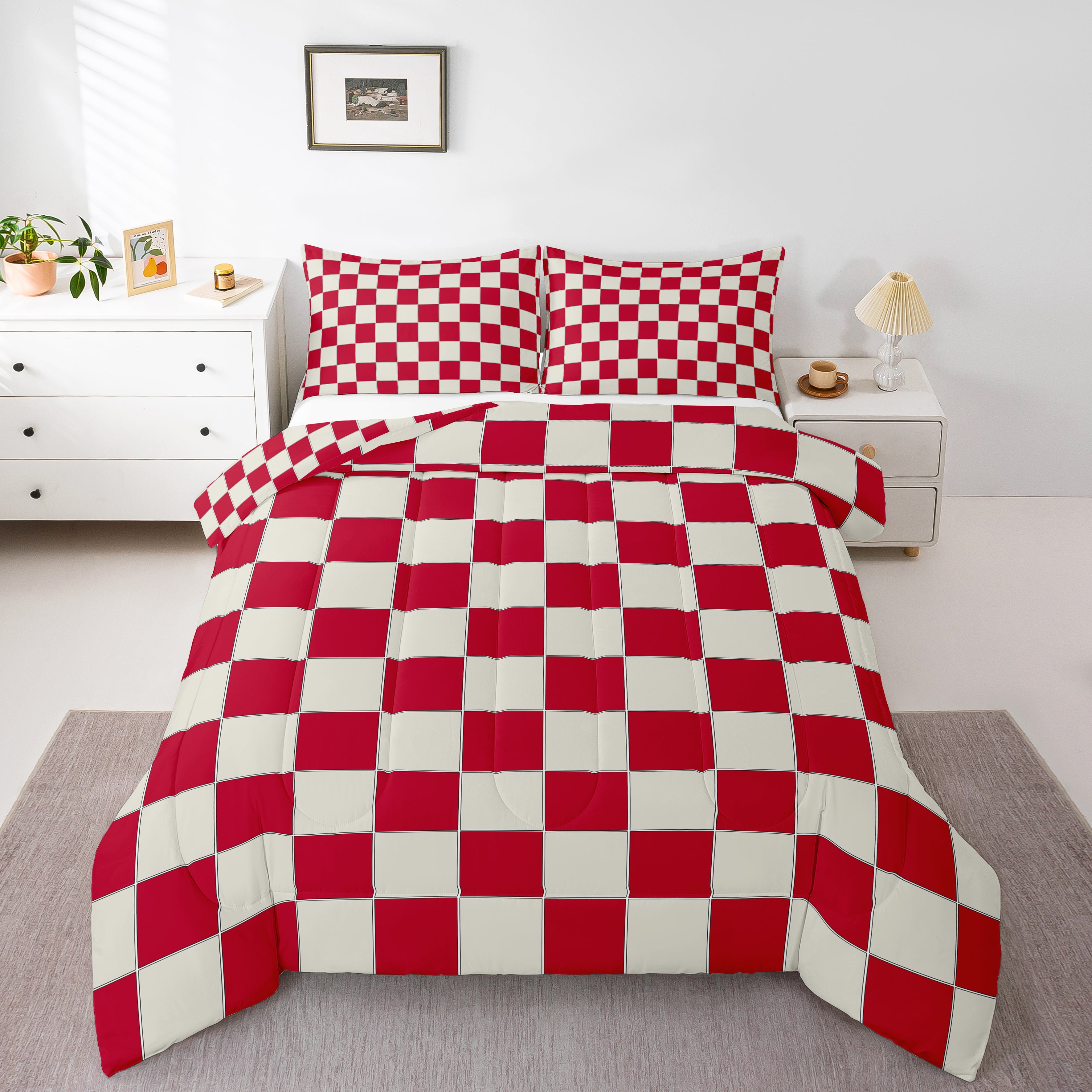Erosebridal Plaid Comforter Set Queen Beige Red Checkerboard Quilt Set ...