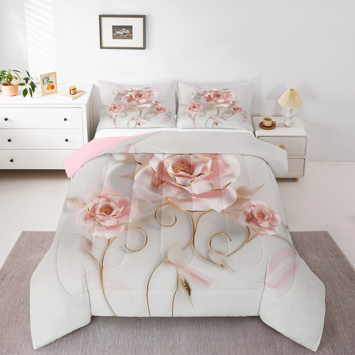Erosebridal Plant Floral Rose Comforter Sets Queen Size,Chic Gold Leaf ...