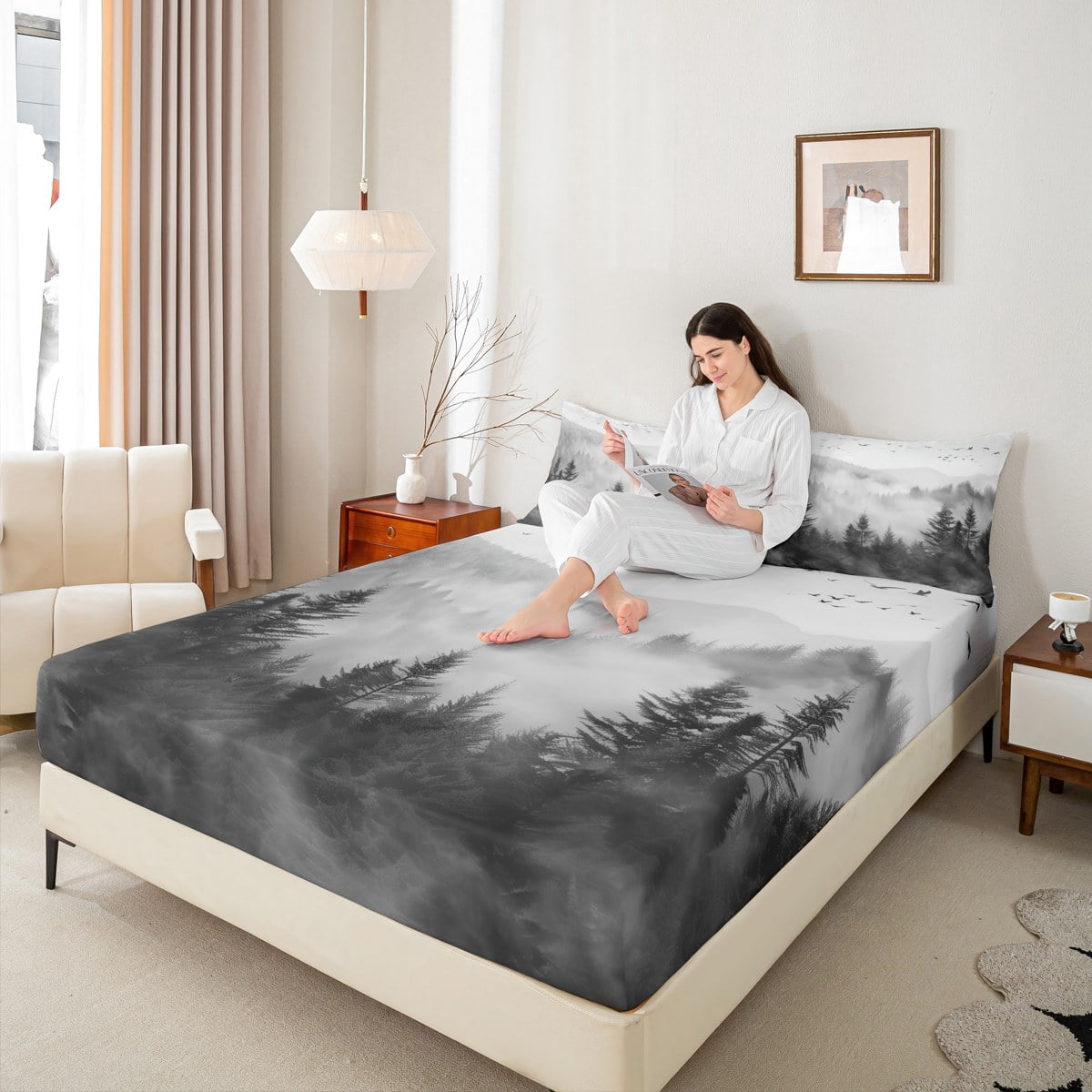 Erosebridal Plant Pine Tree Fitted Sheet Queen,Black Woodland Jungle ...