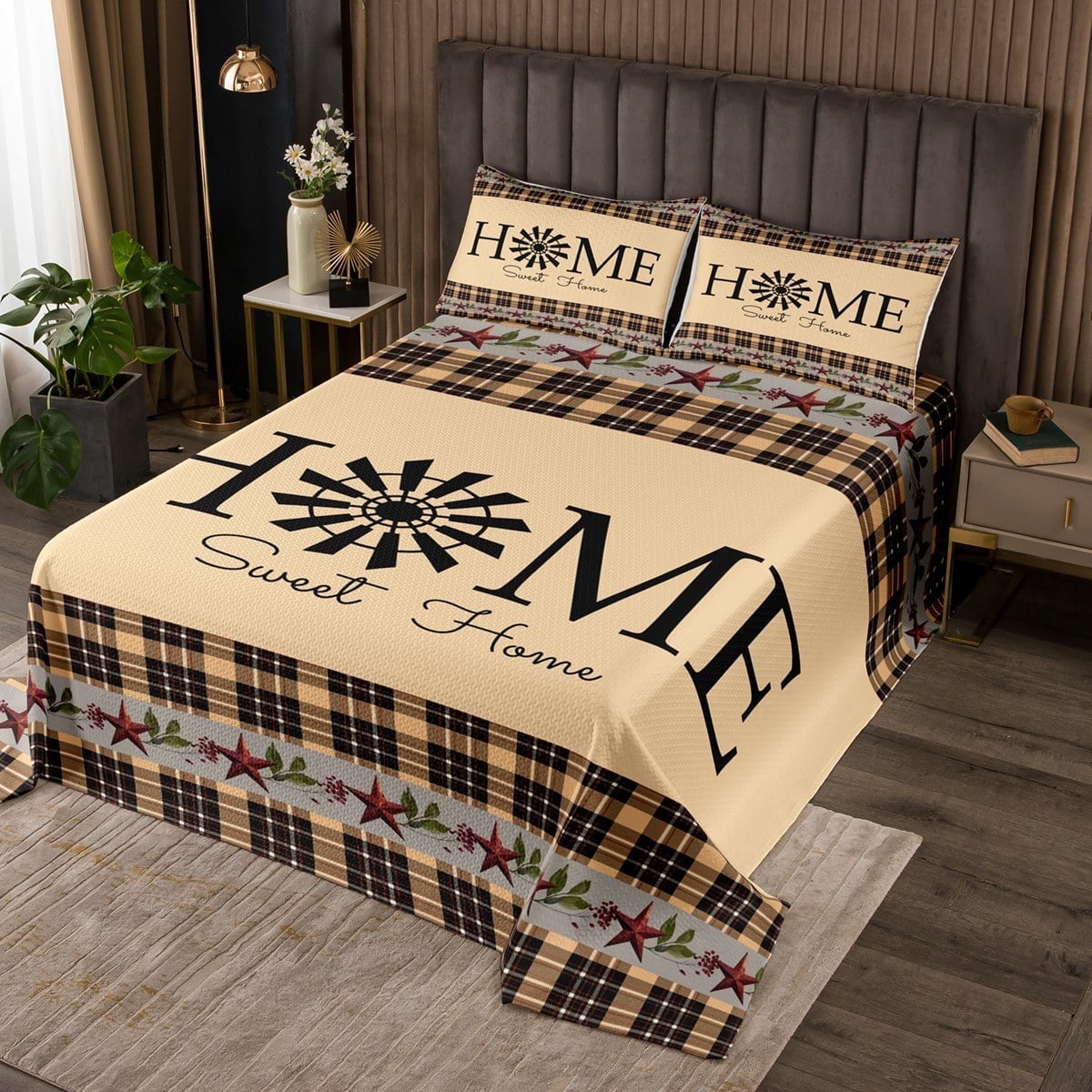 Erosebridal Primitive Country Farmhouse Quilt Set,Windmill Decor Bedspread Set Queen Tan Khaki ...