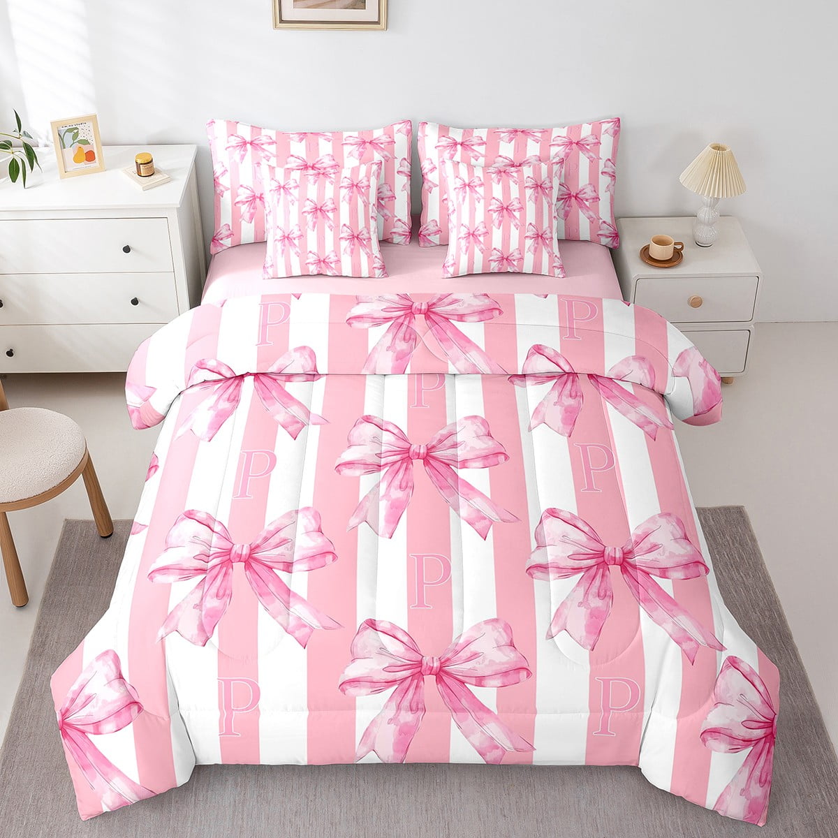 Erosebridal Princess Bow Bedding Sets Queen Size, Initial P Letter ...