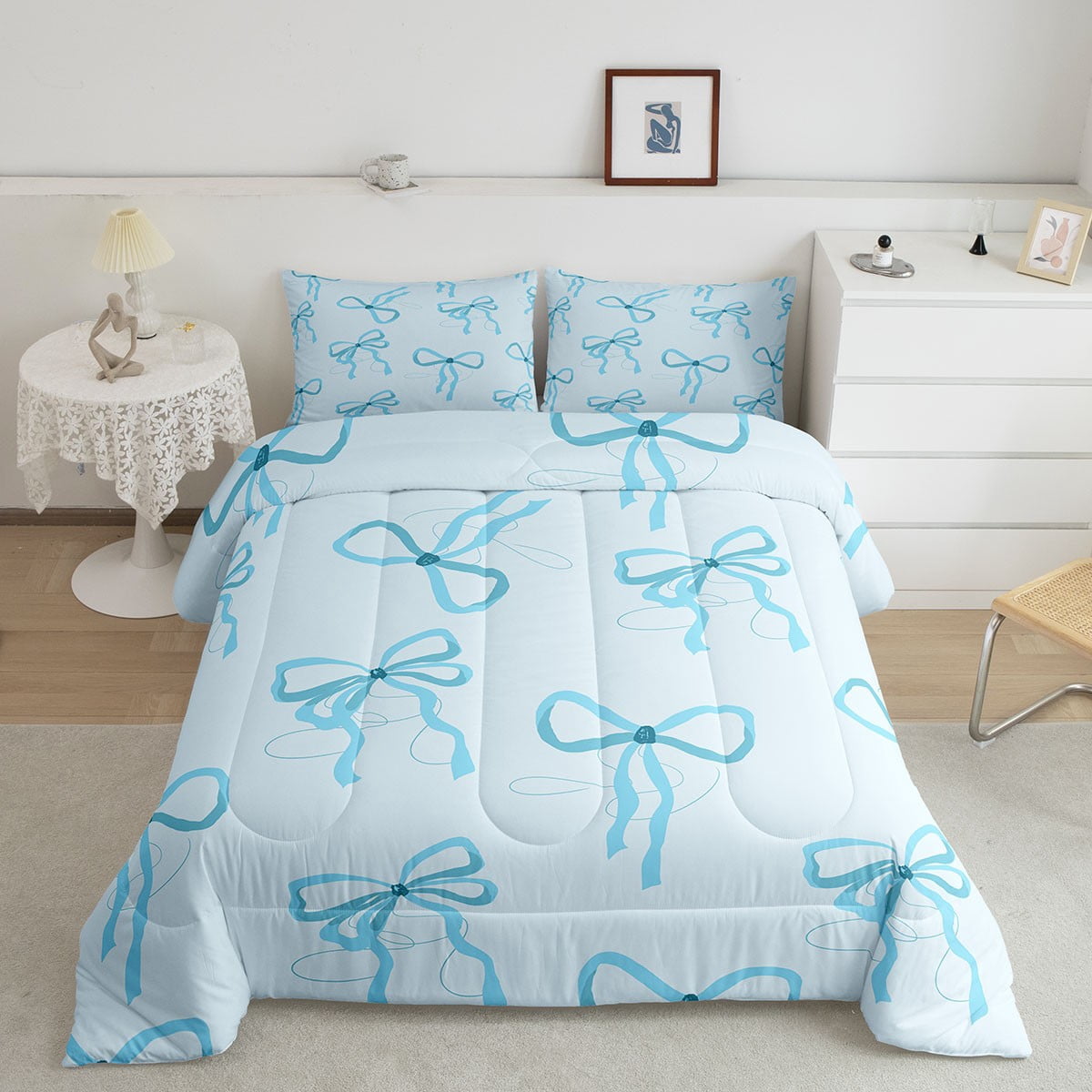 Erosebridal Princess Bow-Tie Bedding Full Comforter Set, Blue Bowknot ...