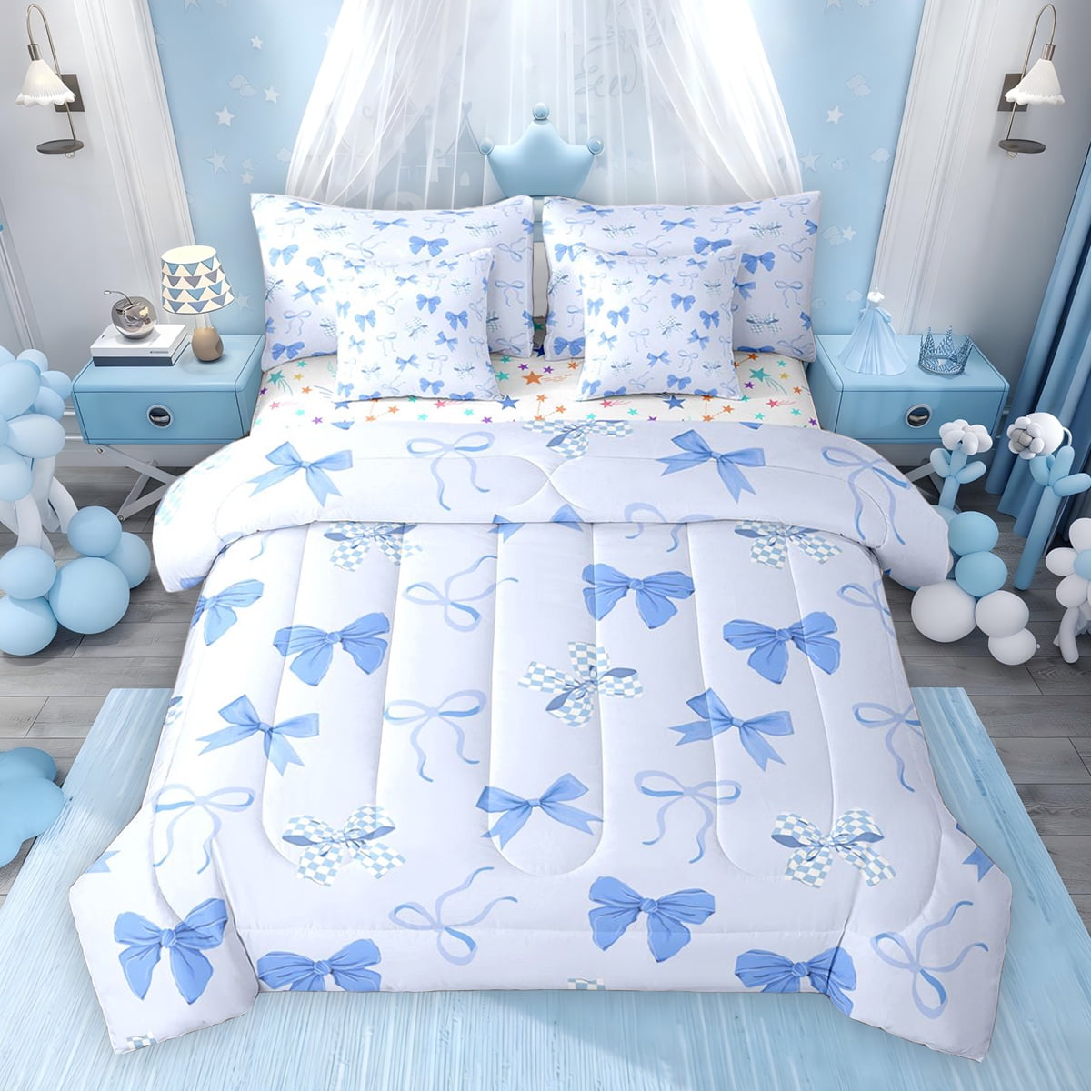 Erosebridal Princess Bowtie Twin Bedding Sets for Kids Girls, Blue Bow ...