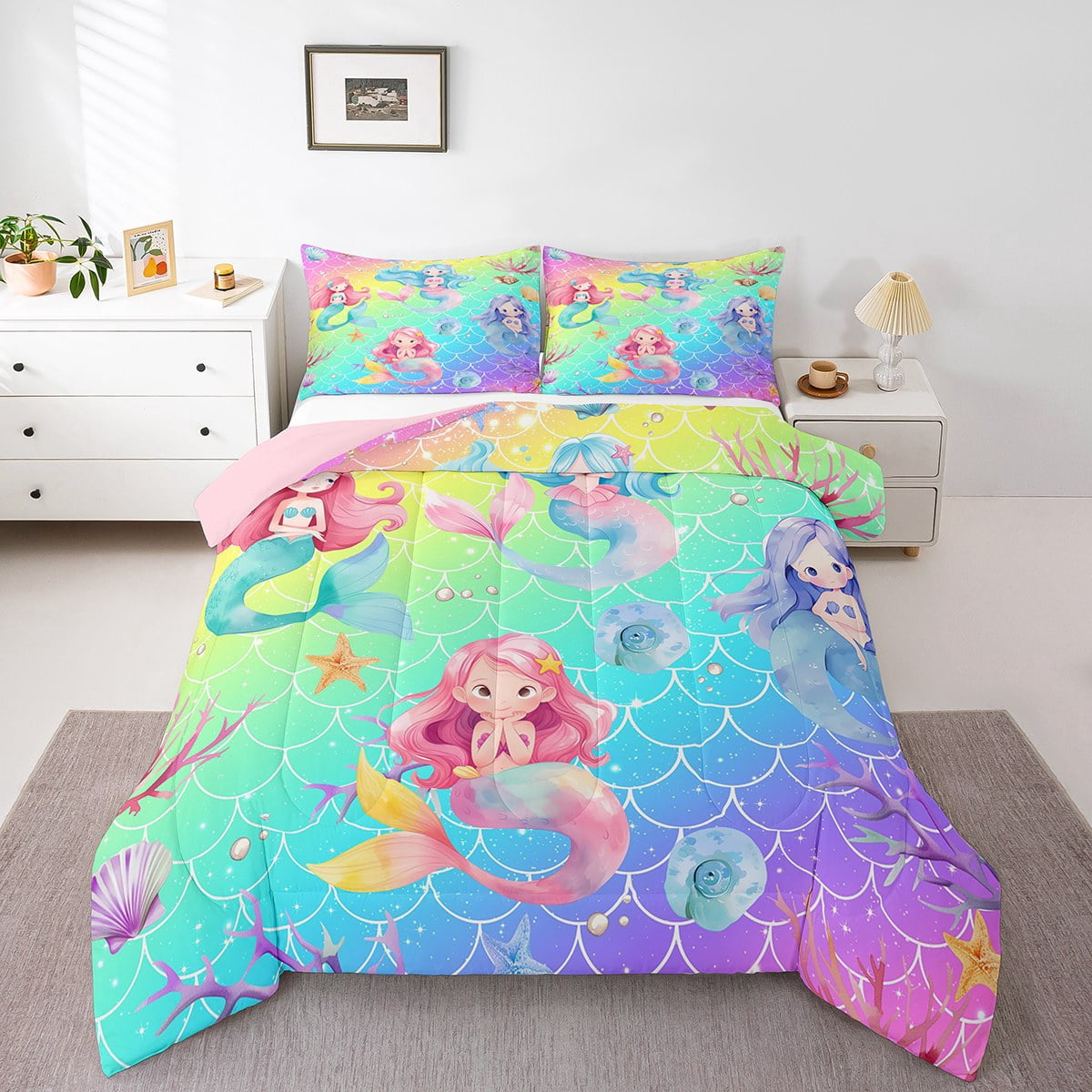 Erosebridal Princess Mermaid Bedding Sets with Comforter, Rainbow Fish ...