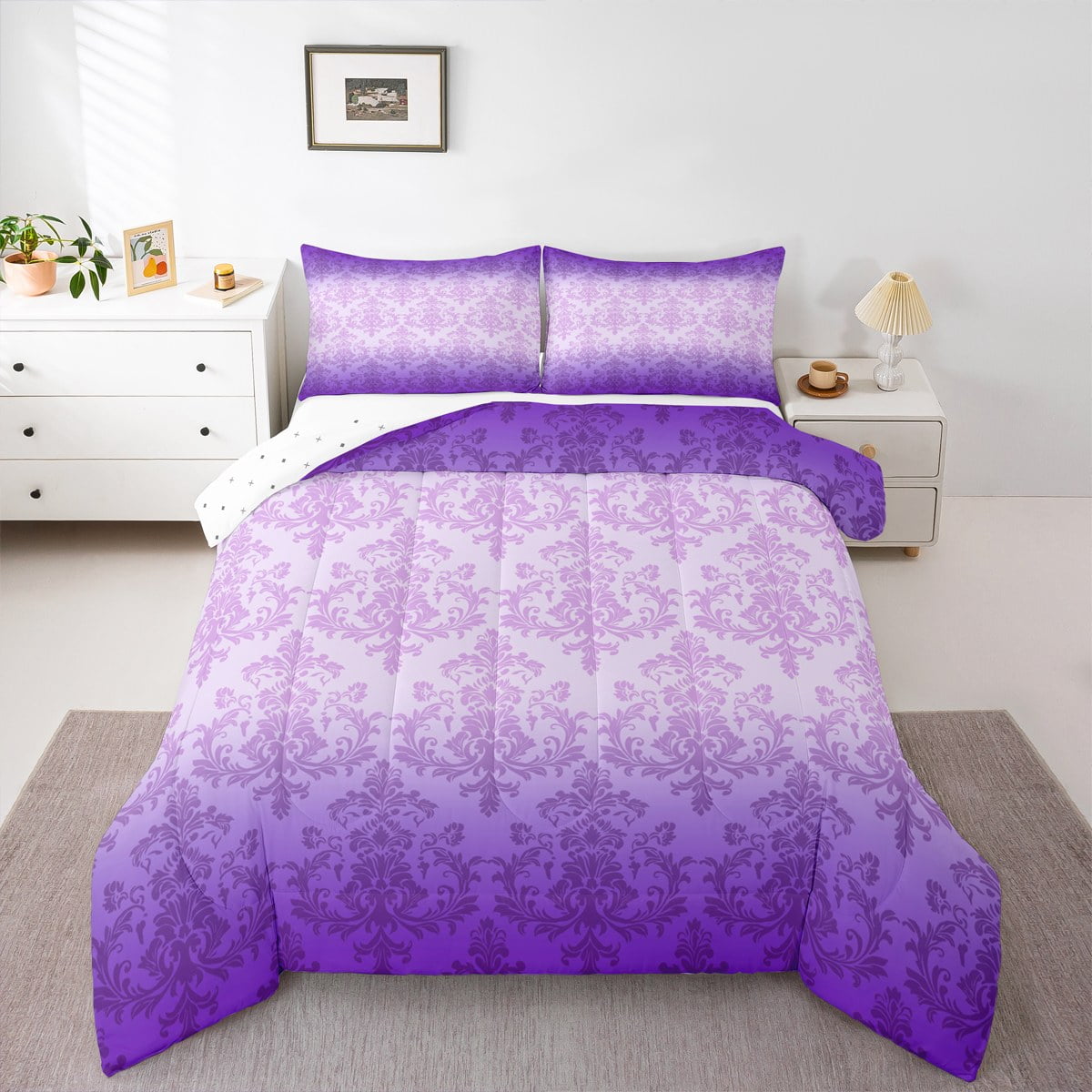 Erosebridal Pruple Damask Comforter Sets Full Size, Boho Flower Print ...
