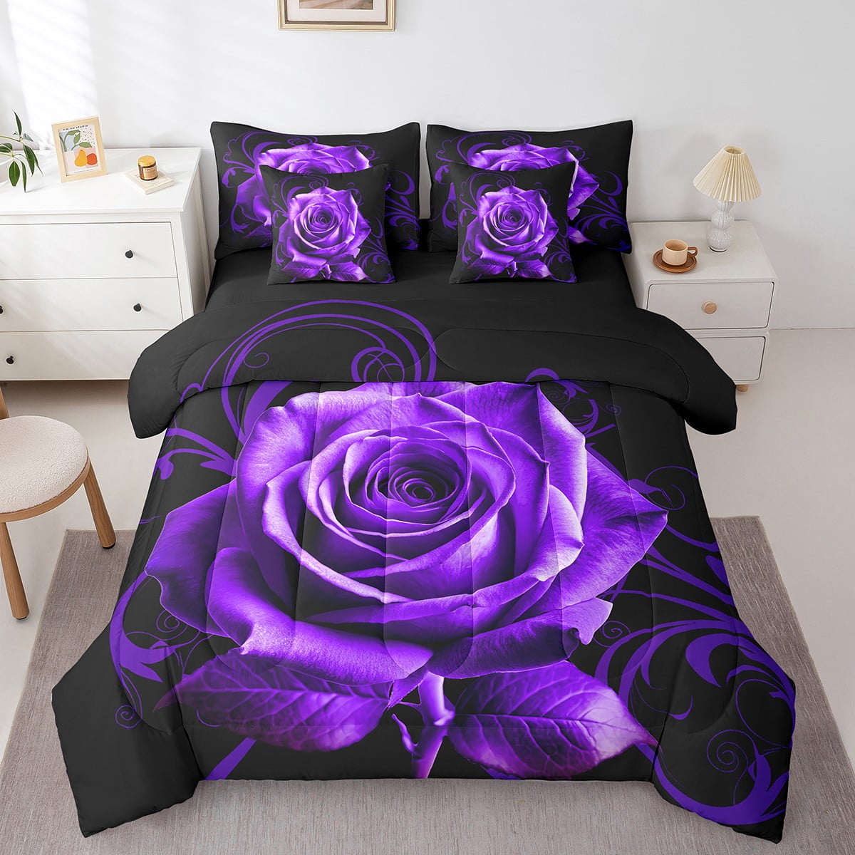 Erosebridal Purlple Rose Comforter Set With Sheets7 piece Twin Size ...