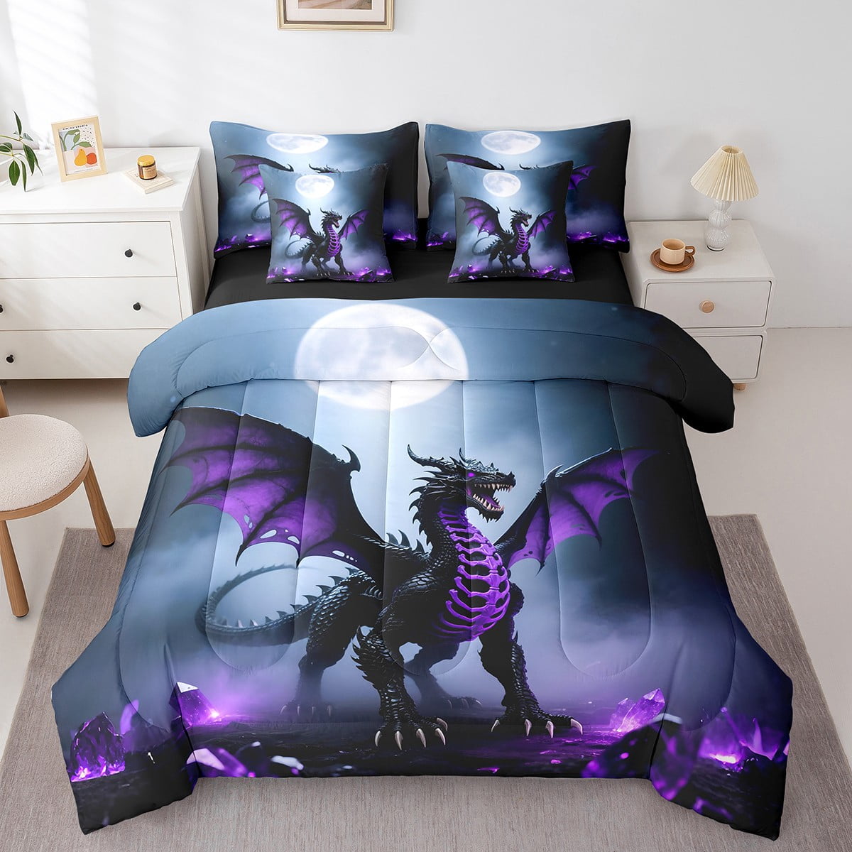 Erosebridal Purple Black Dragon Bedding Sets King Size,Western Fantasy ...