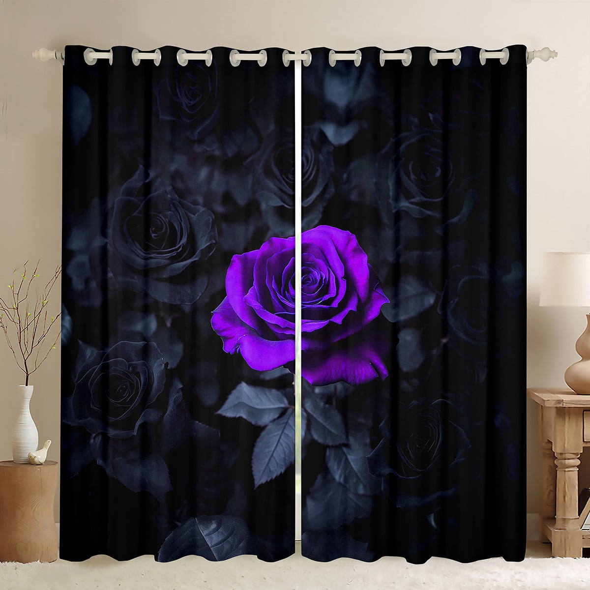 Erosebridal Purple Black Rose Curtains for Bedroom 2 Panels,(52Wx84L ...