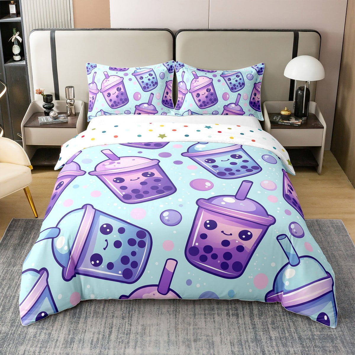 Erosebridal Purple Boba 100% Cotton Comforter Cover Queen, Cartoon Food ...
