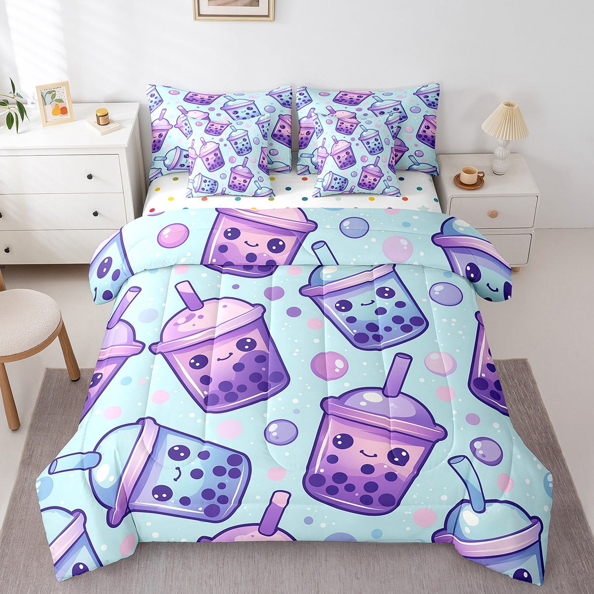 Erosebridal Purple Boba Bedding King Size, Cartoon Food Bed in a Bag ...