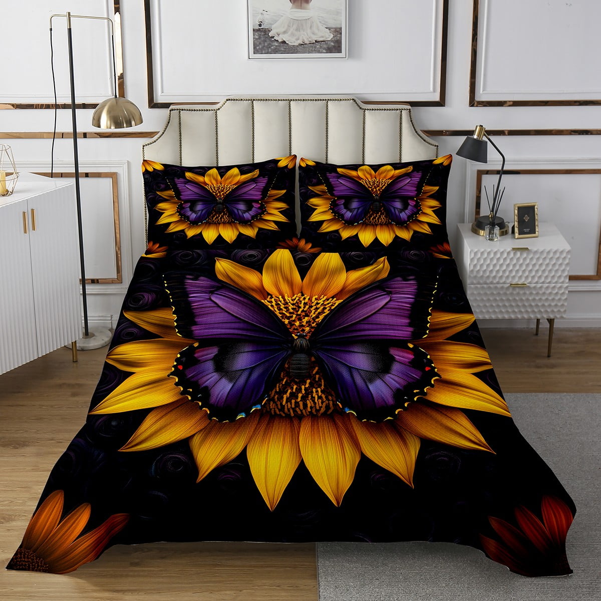 Erosebridal Purple Butterfly Bedspread Sets Twin Size,Floral Sunflower ...