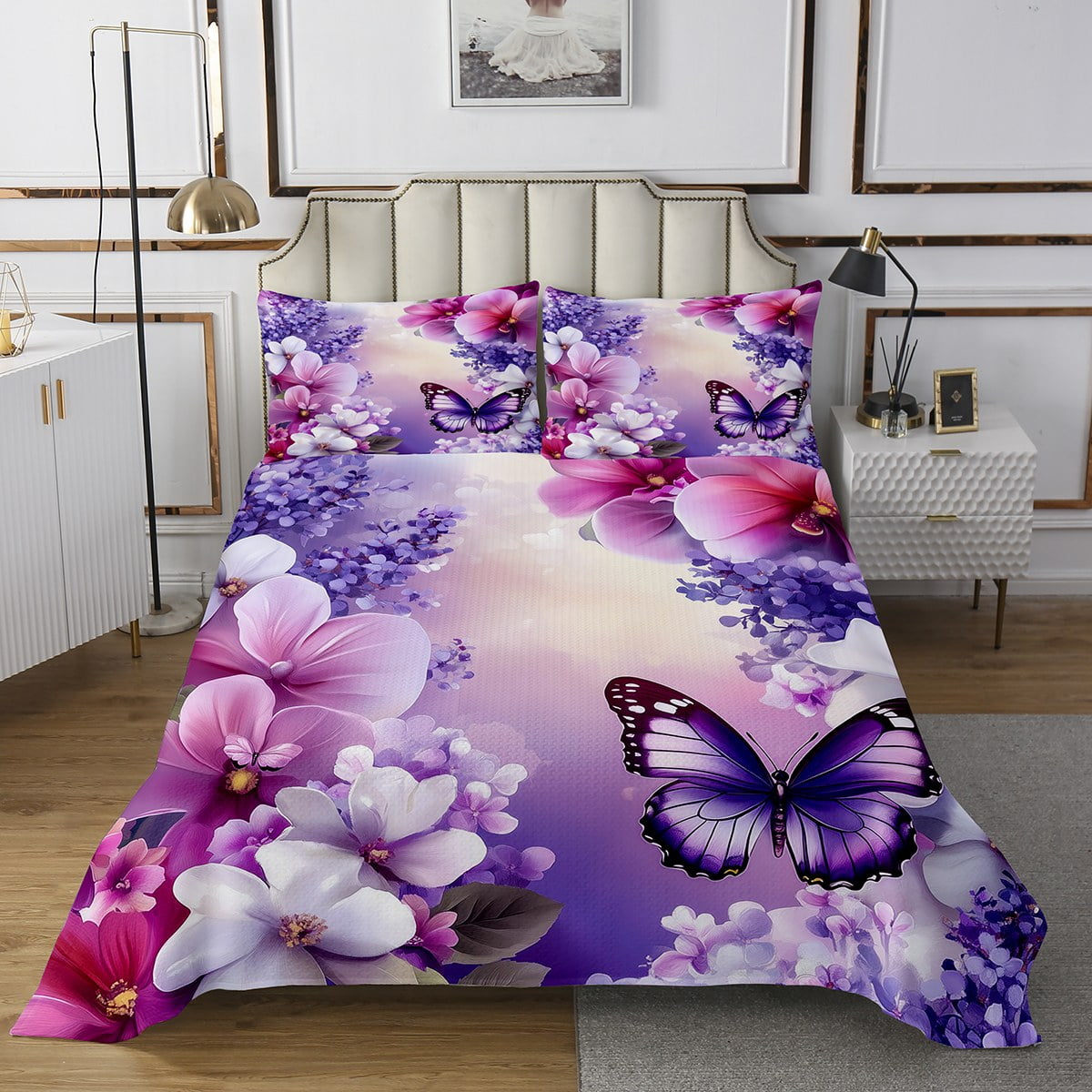 Erosebridal Purple Butterfly Bedspread Sets Twin Size,Flower Bed Quilt ...