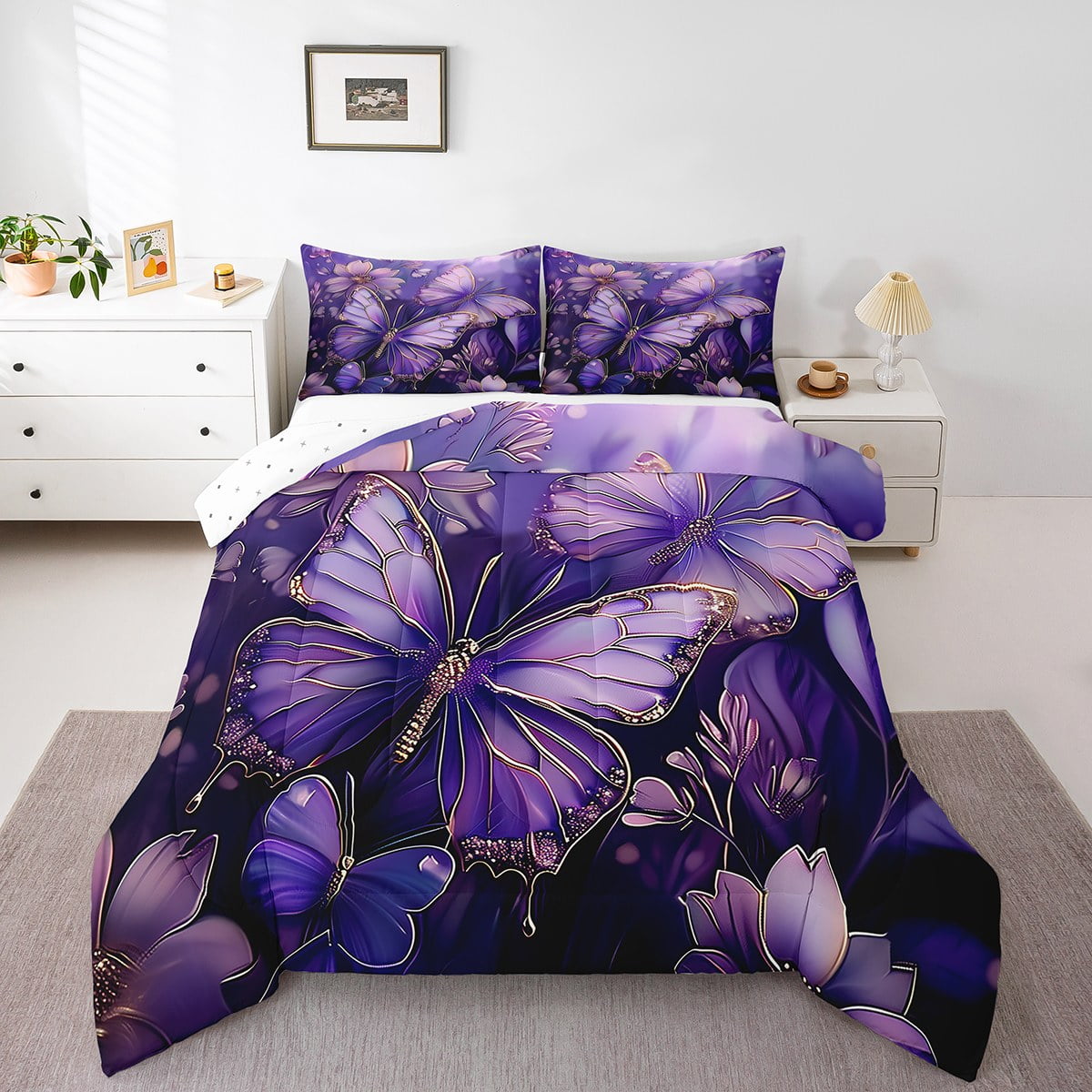Erosebridal Purple Butterfly Comforter Sets Full Size, Chic Flower ...