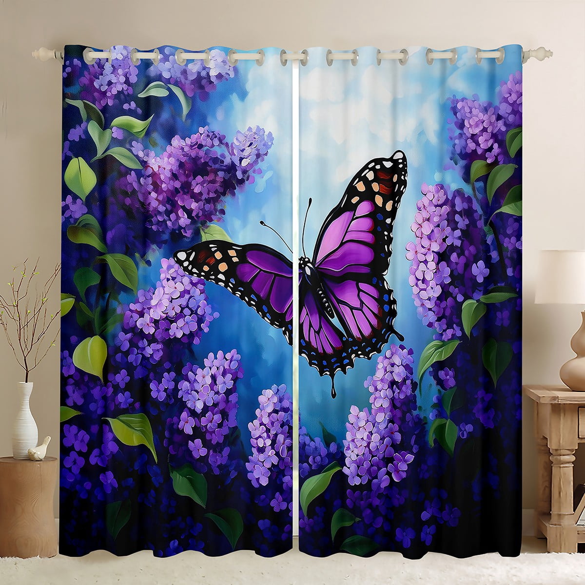 Erosebridal Purple Butterfly Curtains Violet Lavender Flowers Window ...