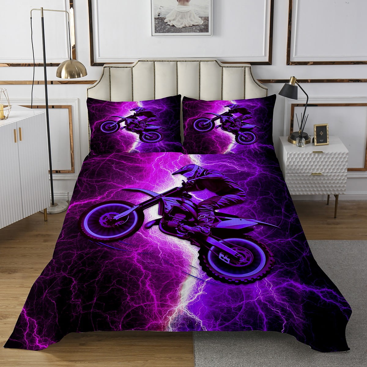 Erosebridal Purple Dirt Bike Quilt Sets for Twin Size Bed, Lightning Printed Bed Set,, 2 Pieces ...