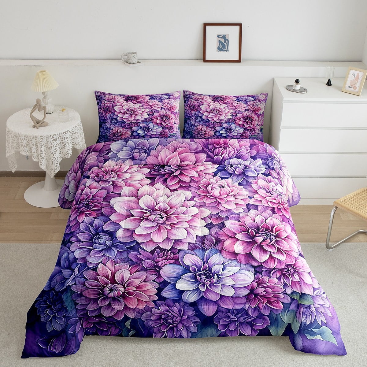 Erosebridal Purple Floral Bedding Queen Comforter Set, Botanical Plant ...