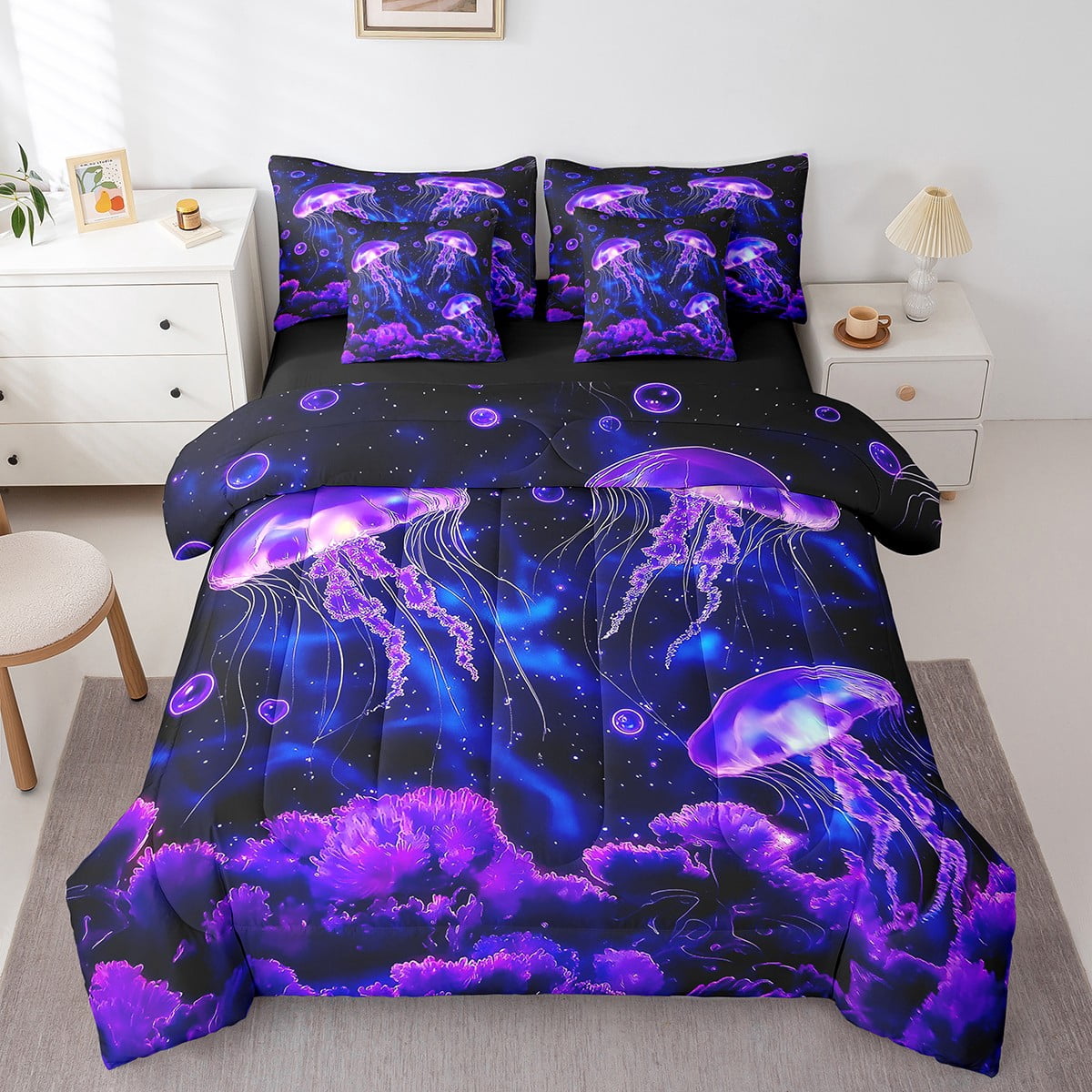 Erosebridal Purple Jellyfish Bed in a Bag Queen Size, Marine Theme Bed ...