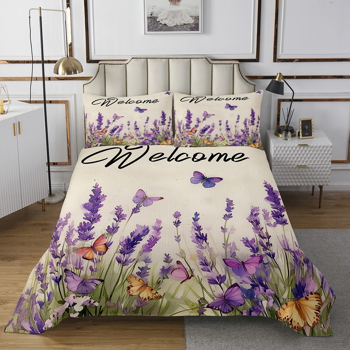 Erosebridal Purple Lavender Quilt Set Queen Spring Watercolor Flowers ...