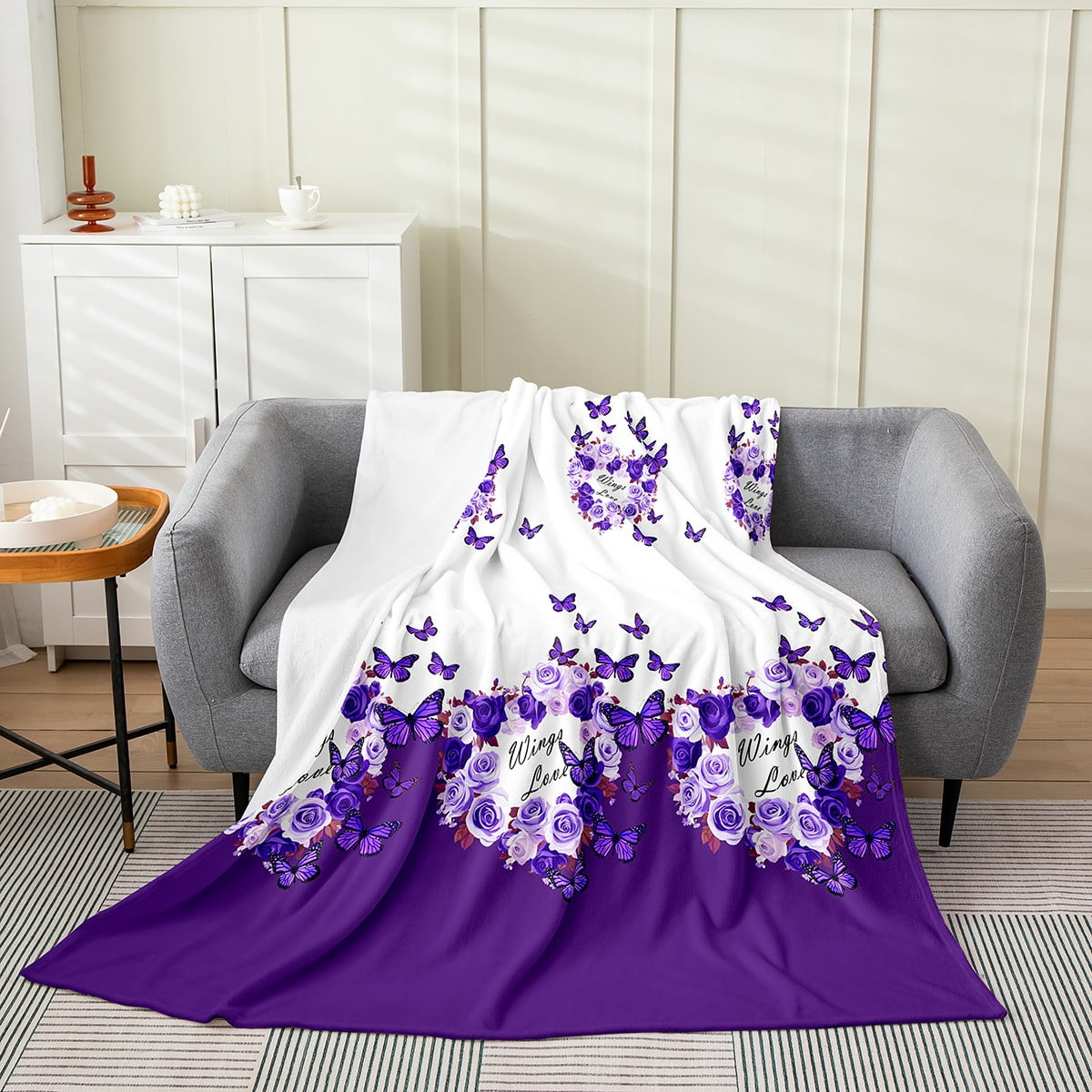 Erosebridal Purple Love Throw Blanket,Butterlfy Rose Fleece Blanket ...