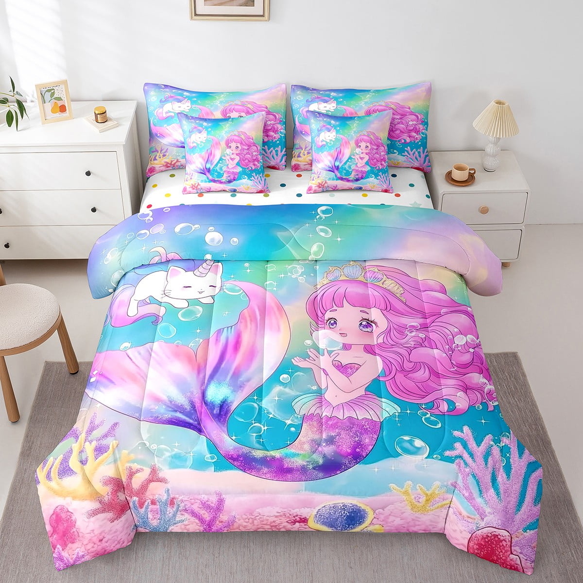 Erosebridal Purple Mermaid Bedding Sets Twin Size, Watercolor Ocean ...