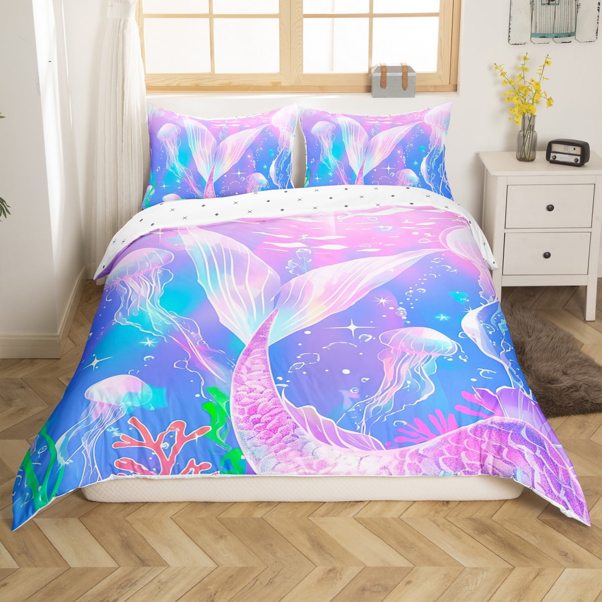 Erosebridal Purple Mermaid Tail Comforter Cover Twin, Cartoon Jellyfish ...