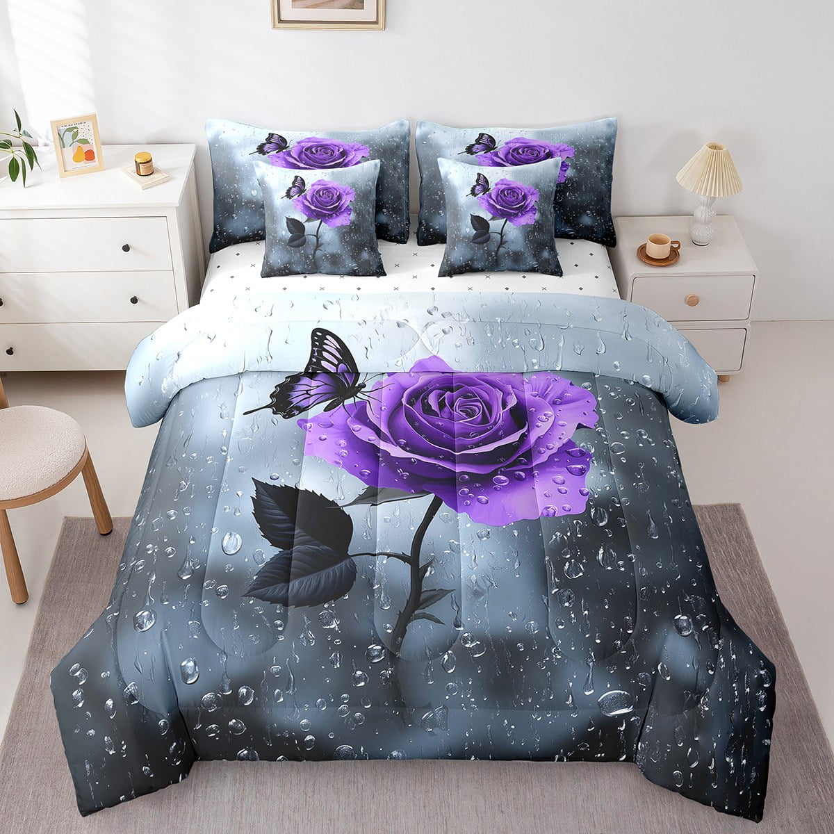 Erosebridal Purple Rose Bed in a Bag Full size,Butterfly Flower Bed Set ...