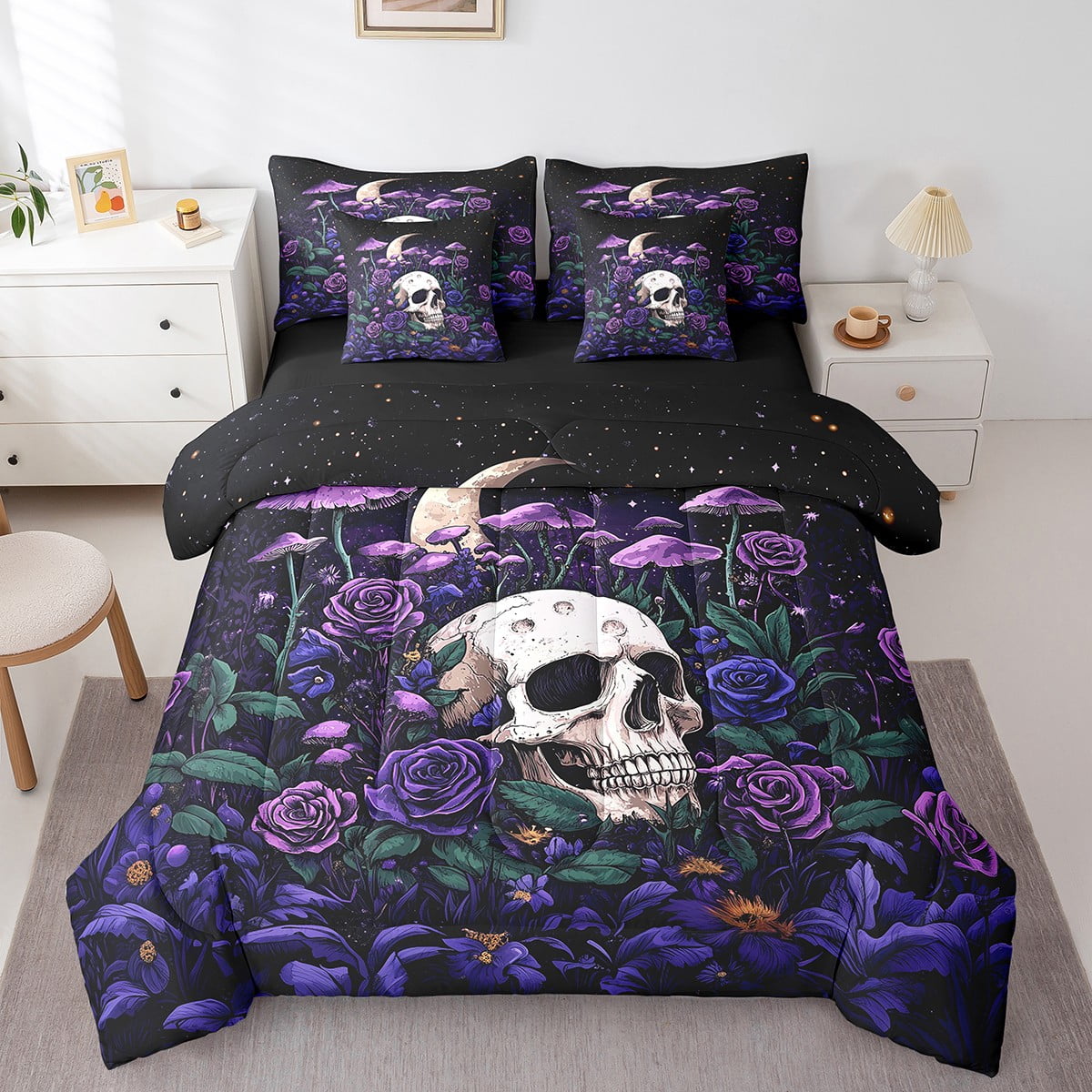 Erosebridal Purple Rose Bed in a Bag Queen size, Skull Skeleton Bed Set ...
