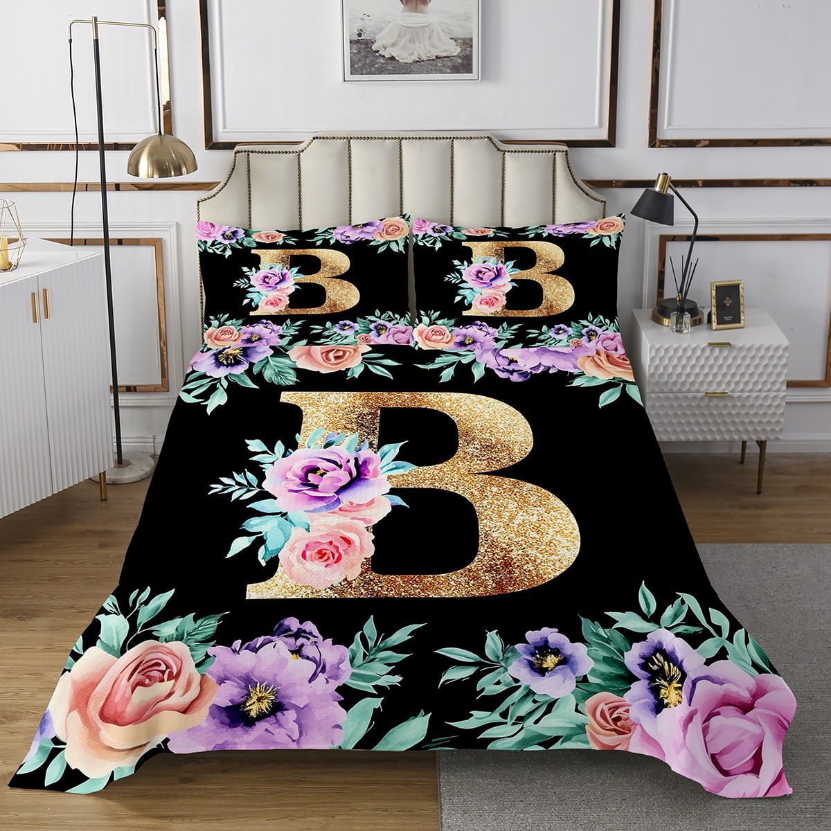 Erosebridal Purple Rose Quilt Sets for Twin Size Bed, Initial Letter B ...