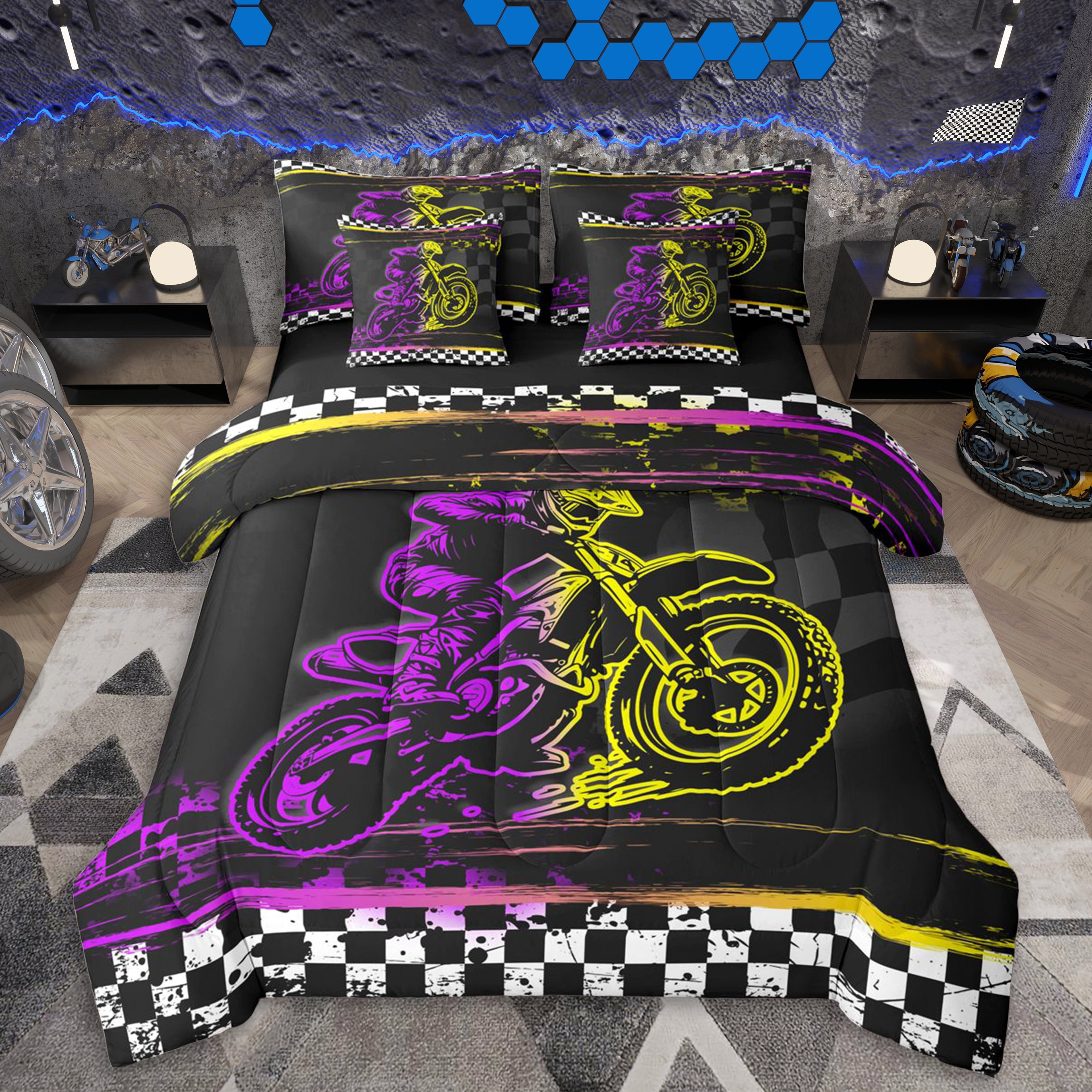 Erosebridal Purple Yellow Motorcycle Bedding Comforter Set 7pcs For ...