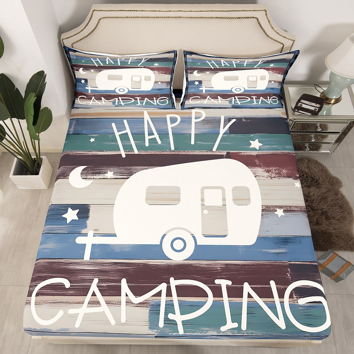 Erosebridal RV Camper Fitted Sheet Set Twin, Happy Camping Theme ...