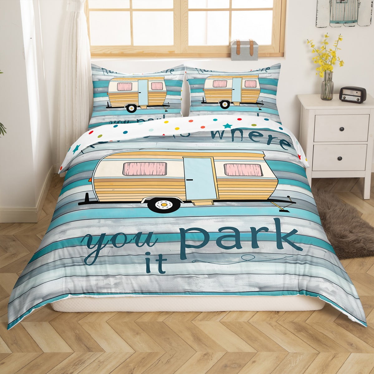 Erosebridal RV Truck Duvet Cover Queen, Happy Camping Comforter Cover ...