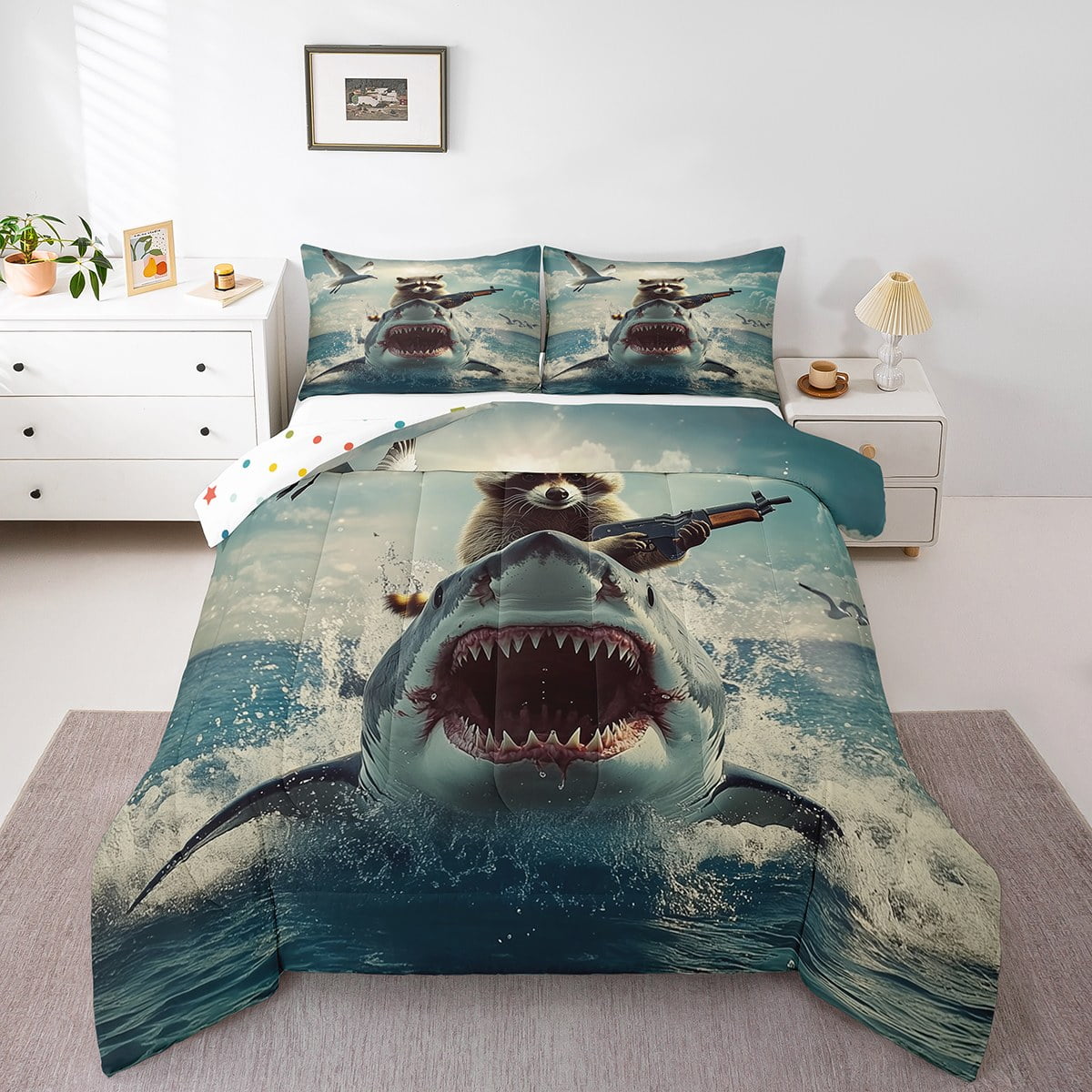 Erosebridal Raccon Riding Shark Bedding Twin Comforter Set,Ocean ...