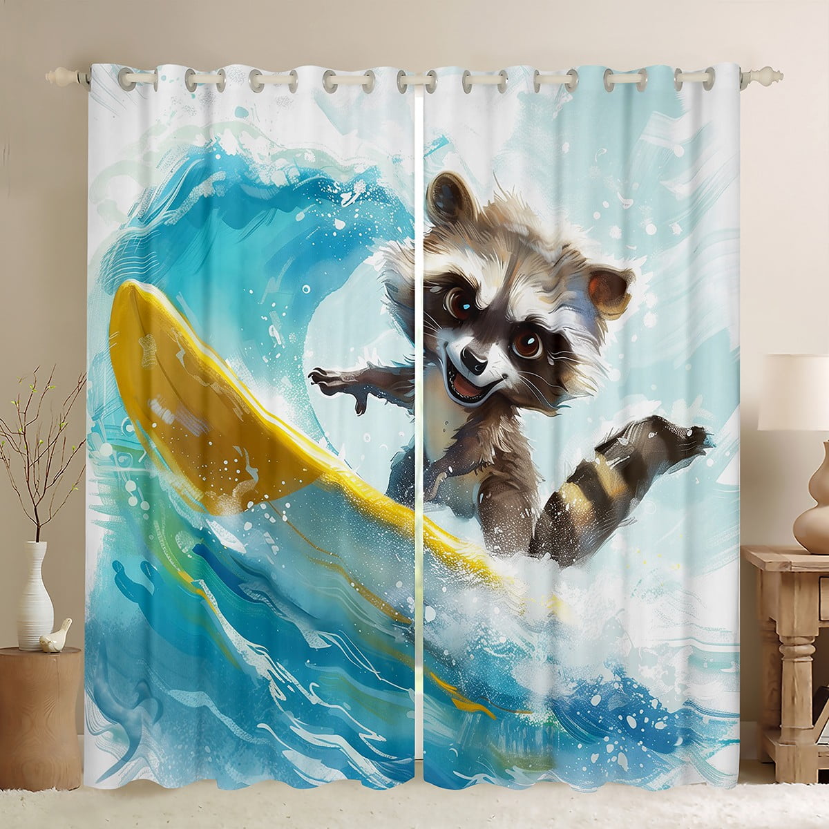 Erosebridal Raccoon Surfing Curtains Pack of 2 (42Wx63L),Cartoon Animal ...
