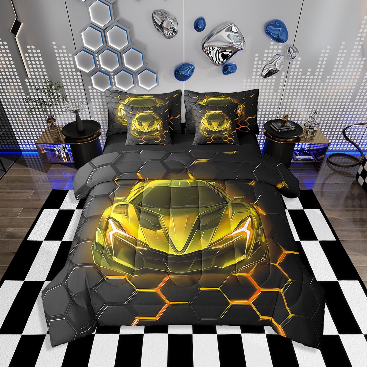 Erosebridal Race Car 7 Pieces Bedding Set Neon Honeycomb Twin Comforter ...