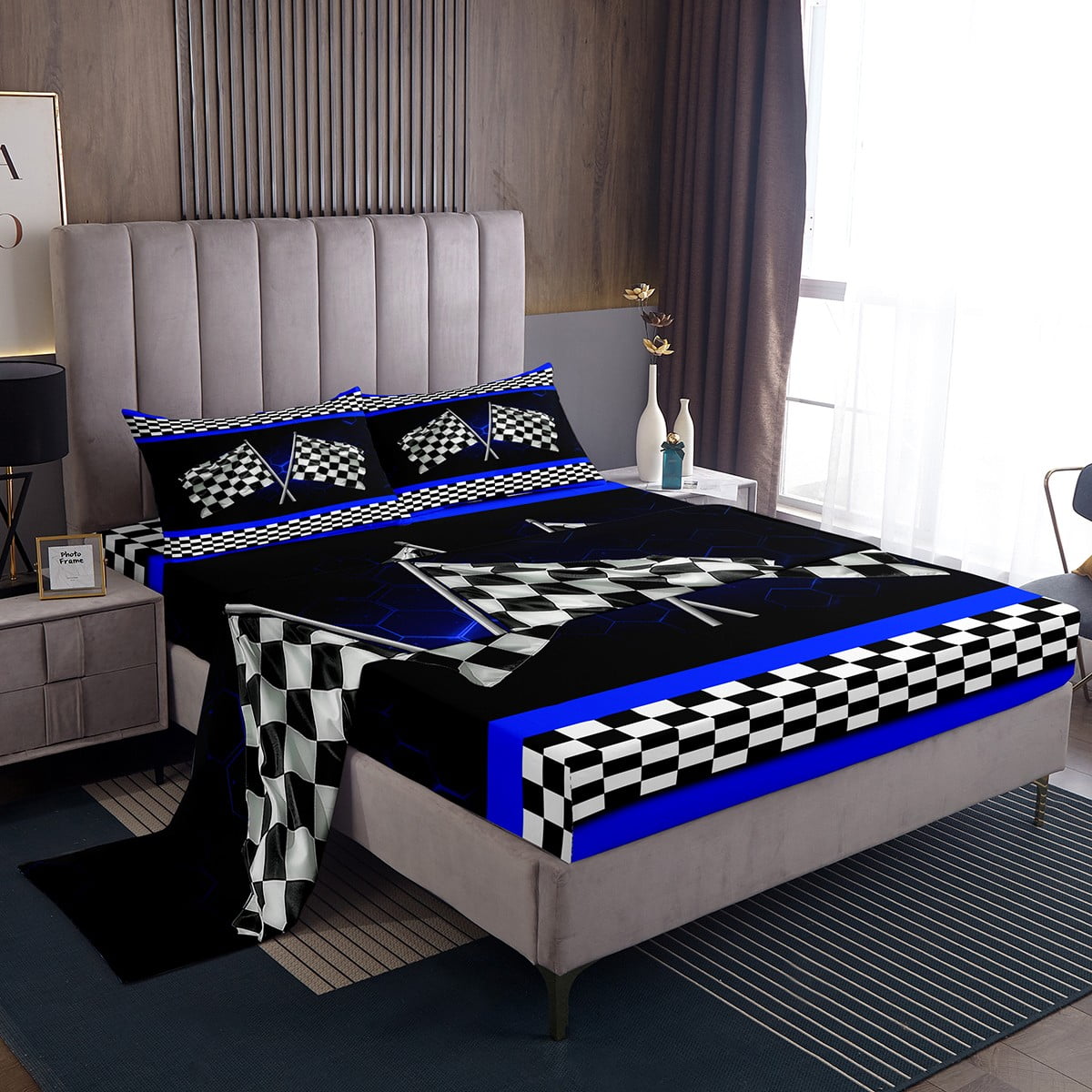 Erosebridal Race Car Flag Sheet Set Queen, Black White Bedding Sets ...