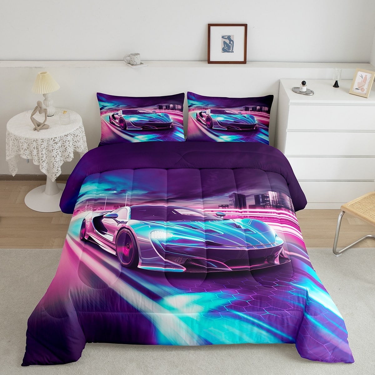 Erosebridal Race Car Queen Bed Comforter Set Puple Sports Car Bedding ...