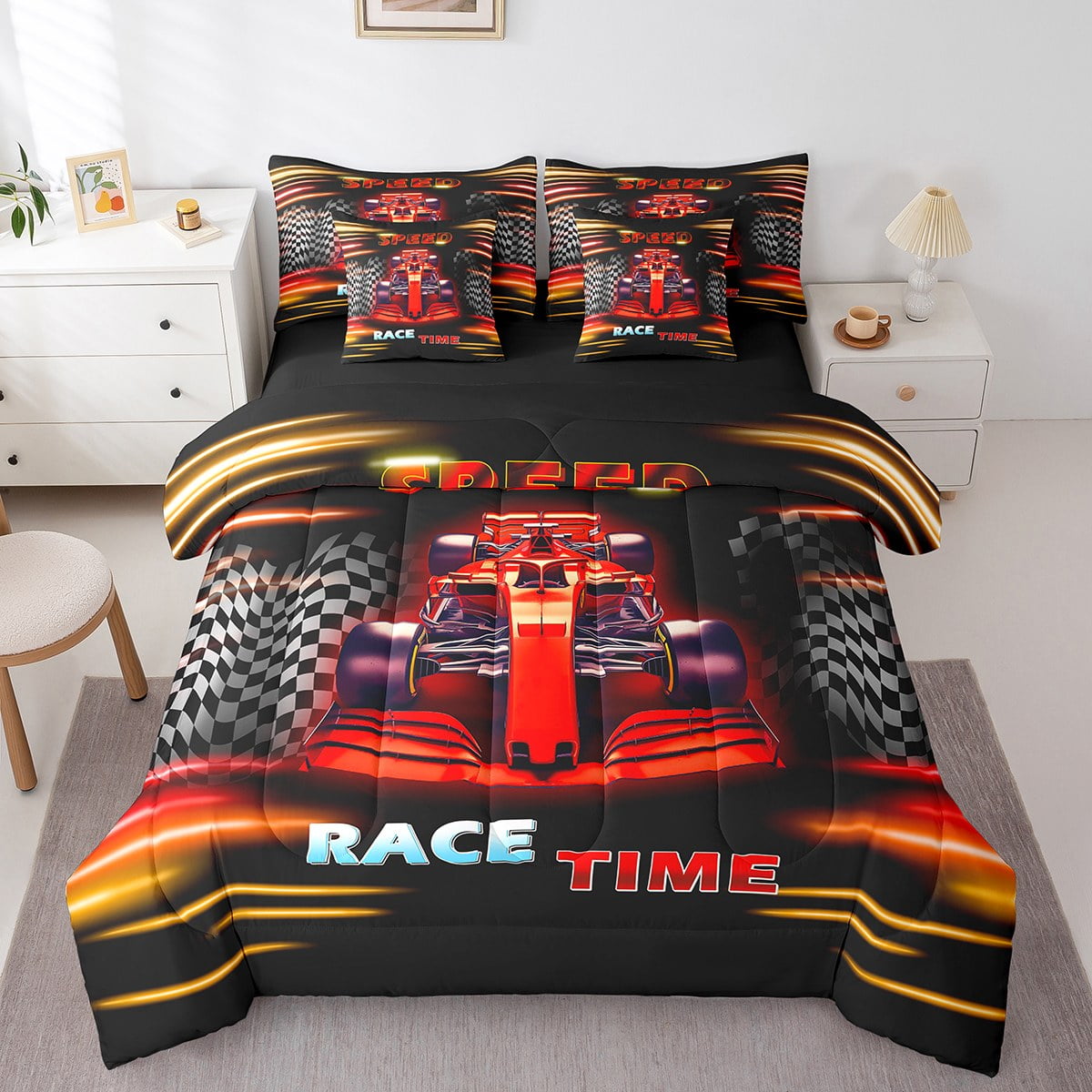 Erosebridal Racing Car Bed in a Bag Full size,Geometric Plaid Bed Set ...