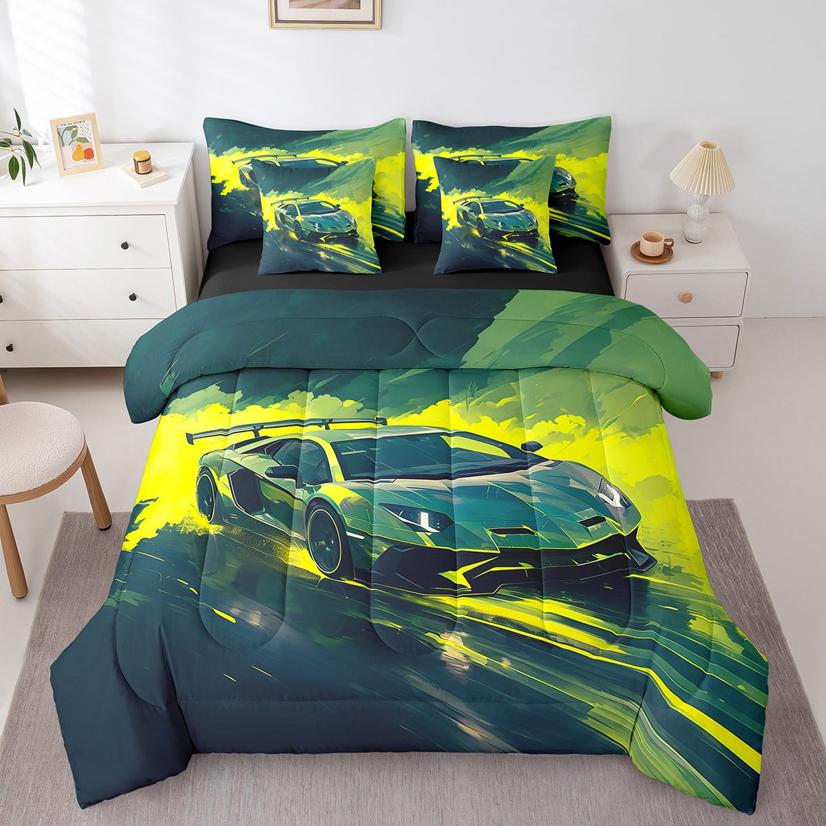 Erosebridal Racing Car Bed in a Bag King size, Yellow Green Bedding ...