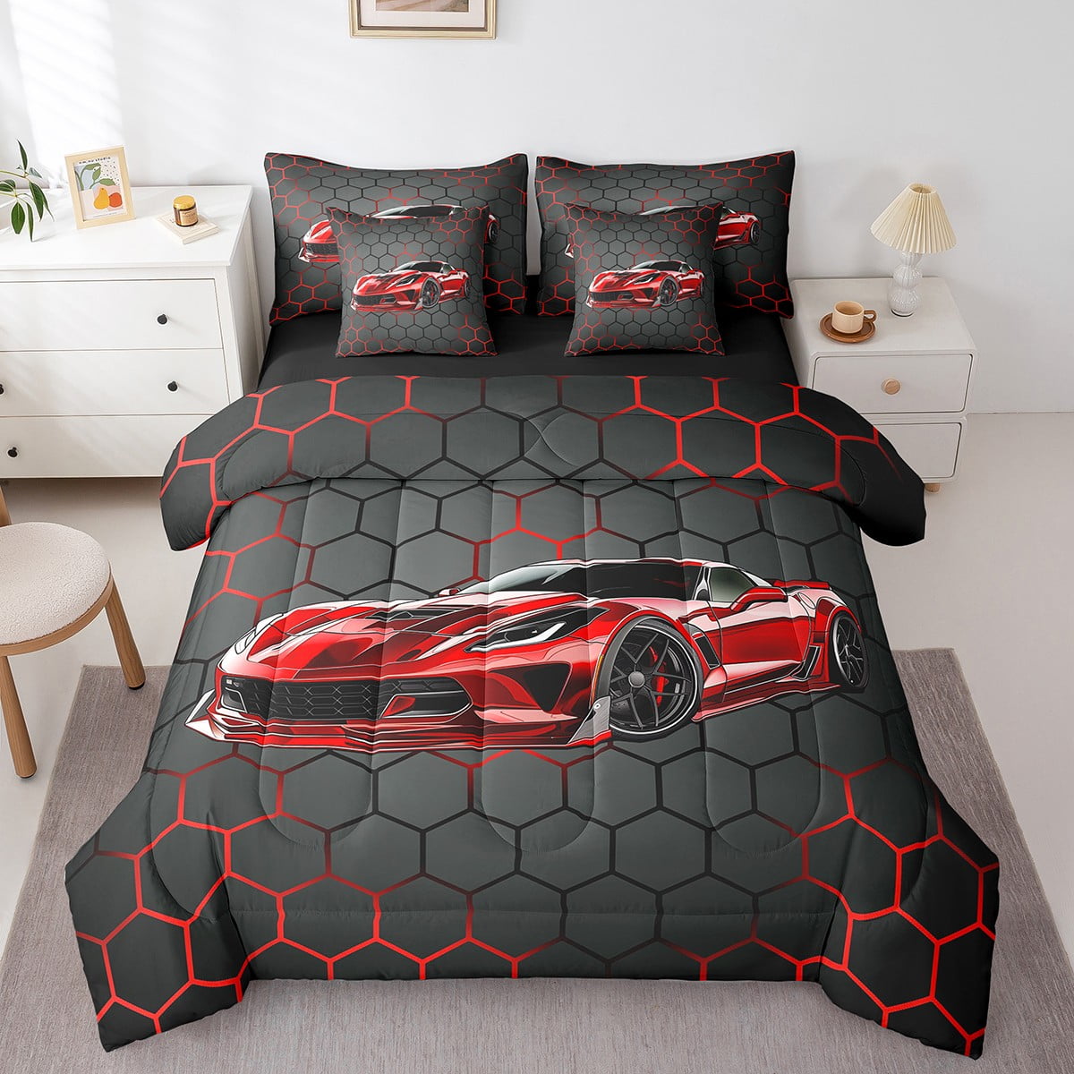 Erosebridal Racing Car Bed In A Bag King Size,Geometric Honeycomb ...