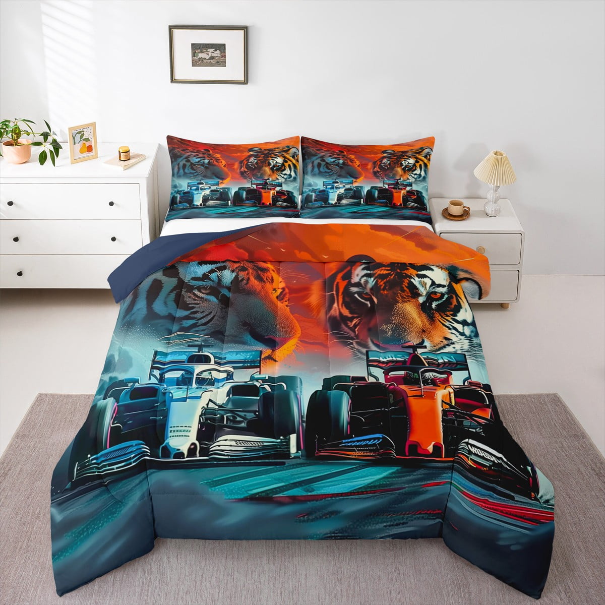 Erosebridal Racing Car Bedding Twin Comforter Set,Orange Fire Tiger ...